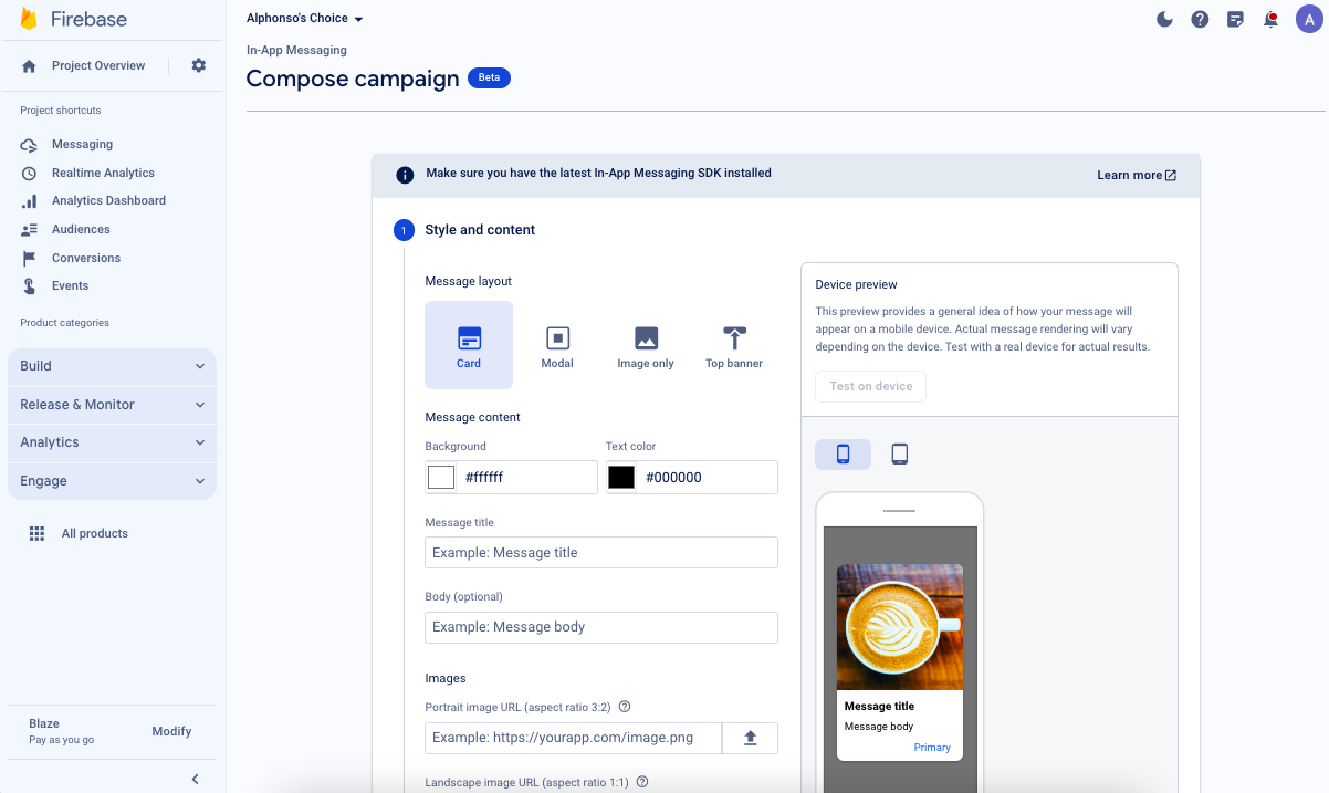 Firebase in-app messaging